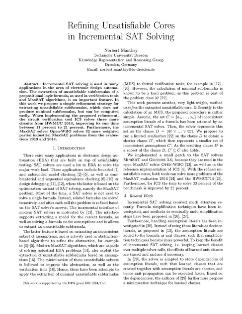 Refining Unsatisfiable Cores in Incremental SAT Solving – International Center for Computational ...